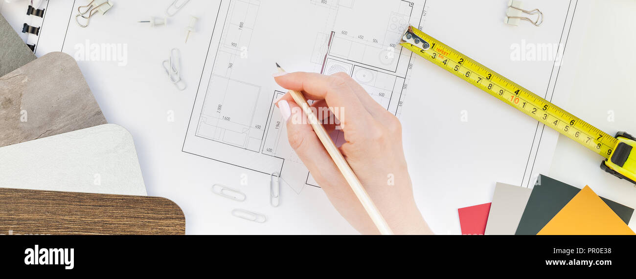 Creative flat lay long wide banner top view blueprints architectural ...