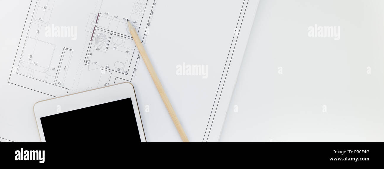 Creative flat lay long wide banner top view blueprints architectural ...
