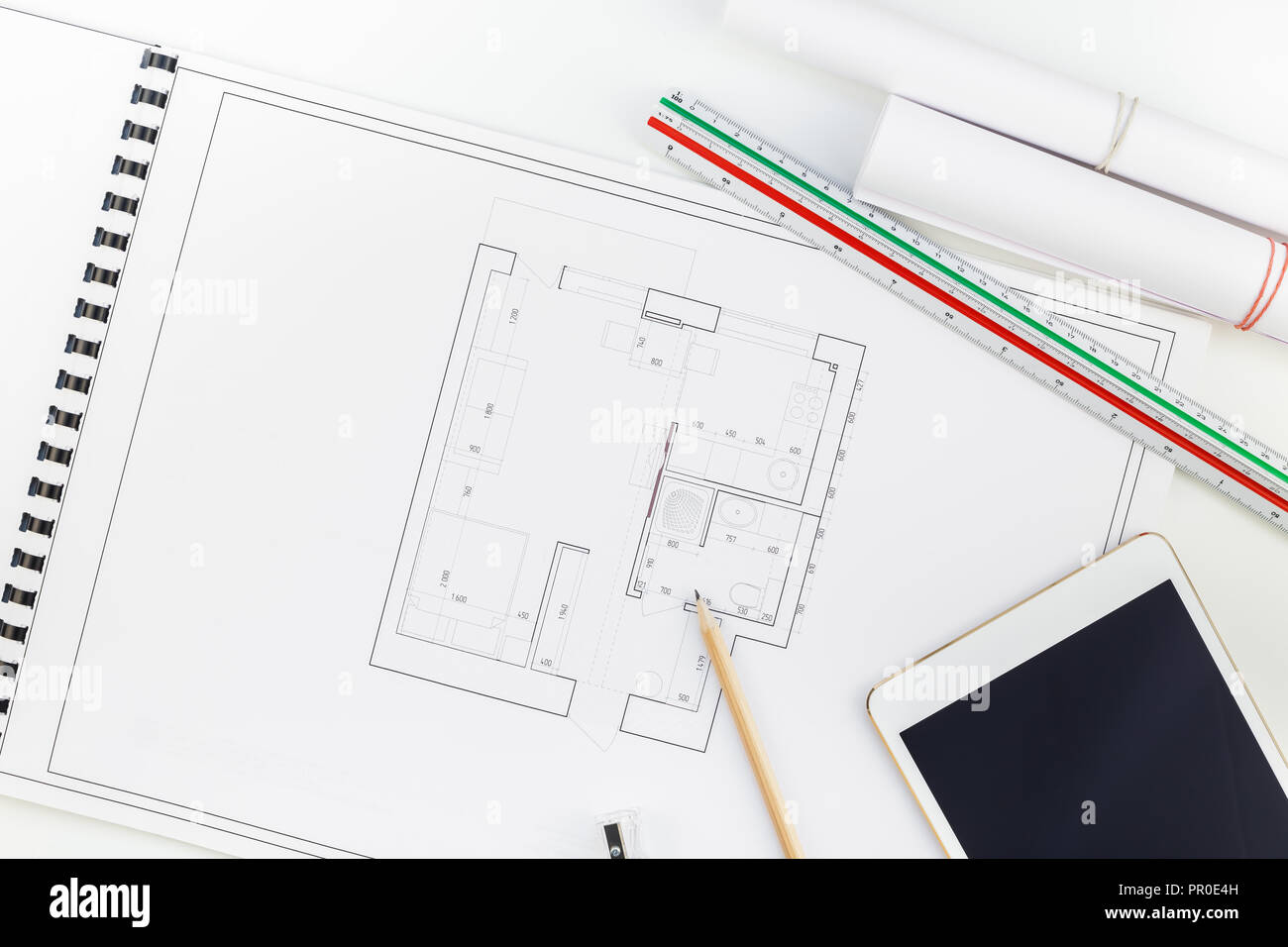 Creative flat lay overhead top view blueprints architectural flat ...