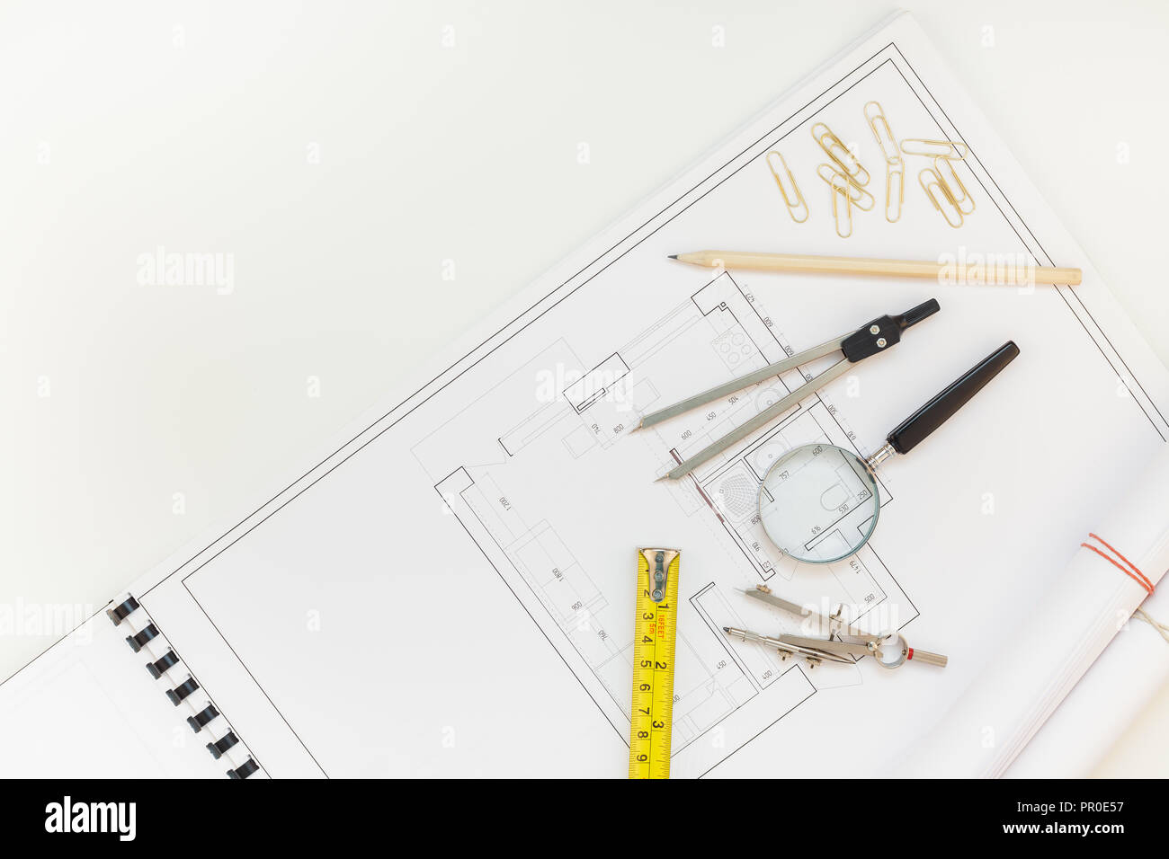 Creative flat lay overhead top view blueprints architectural flat ...