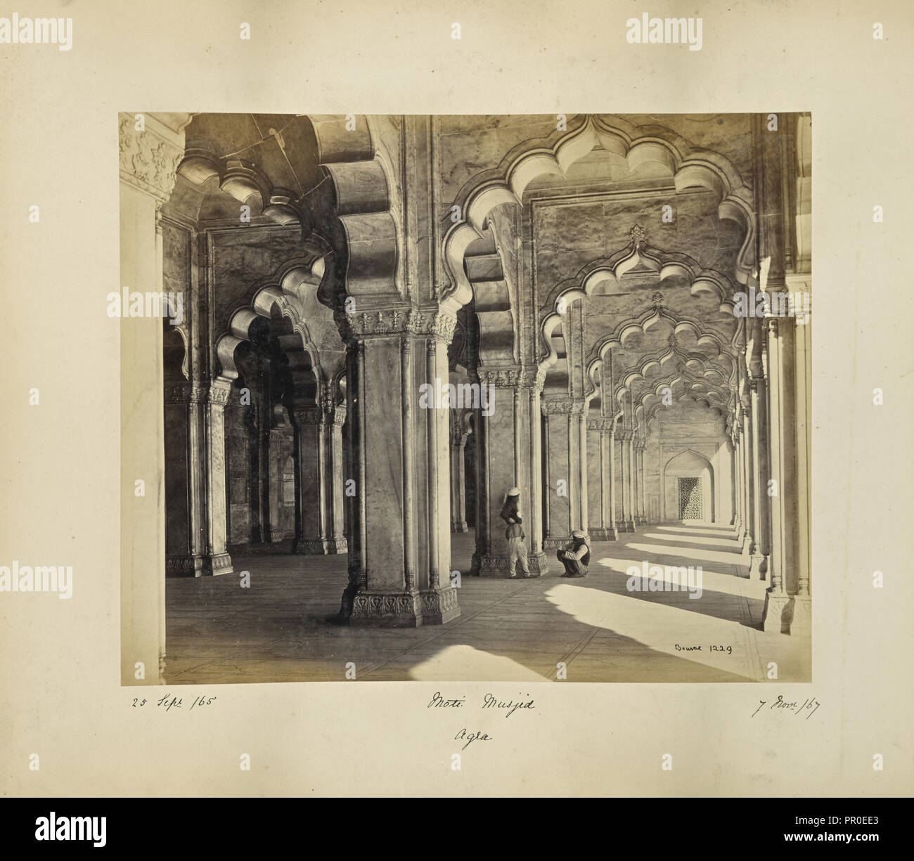 Agra; Interior of the Motee Musjid, showing the marble Saracenic arches ...
