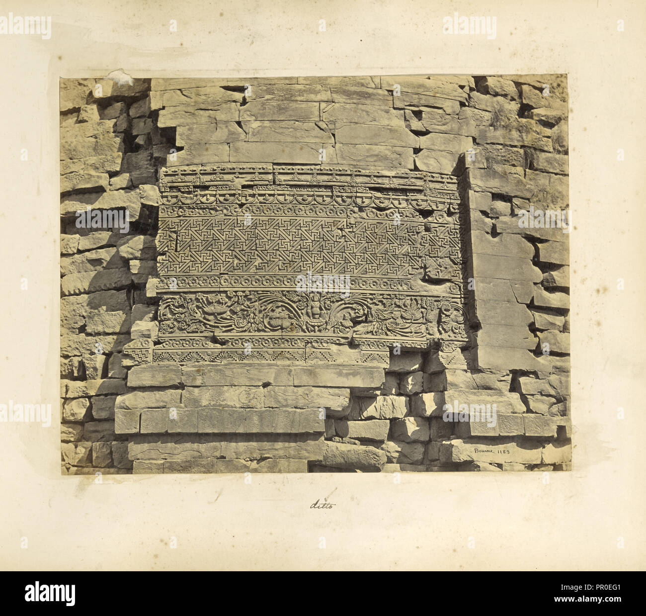 Benares; Geometric figures carved on ancient Buddhist tower at Sarnath ...