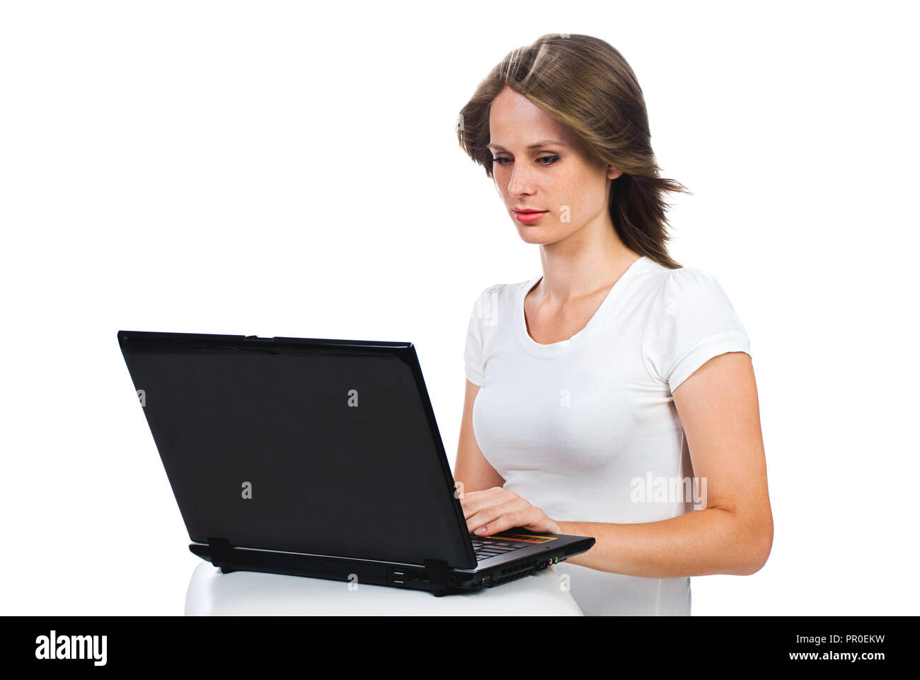 woman with computer isolated on a white background Stock Photo - Alamy