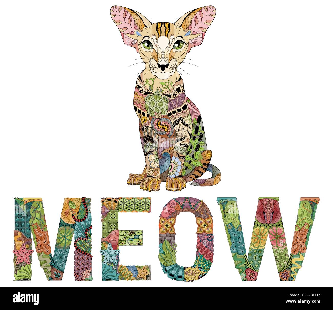 Hand-painted art design. Hand drawn illustration word MEOW with a ...
