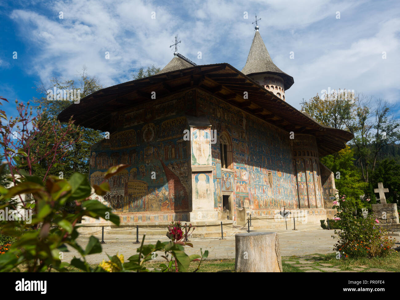 View of painted church in medieval monastery in romanian village Voronet, Romania Stock Photo ...