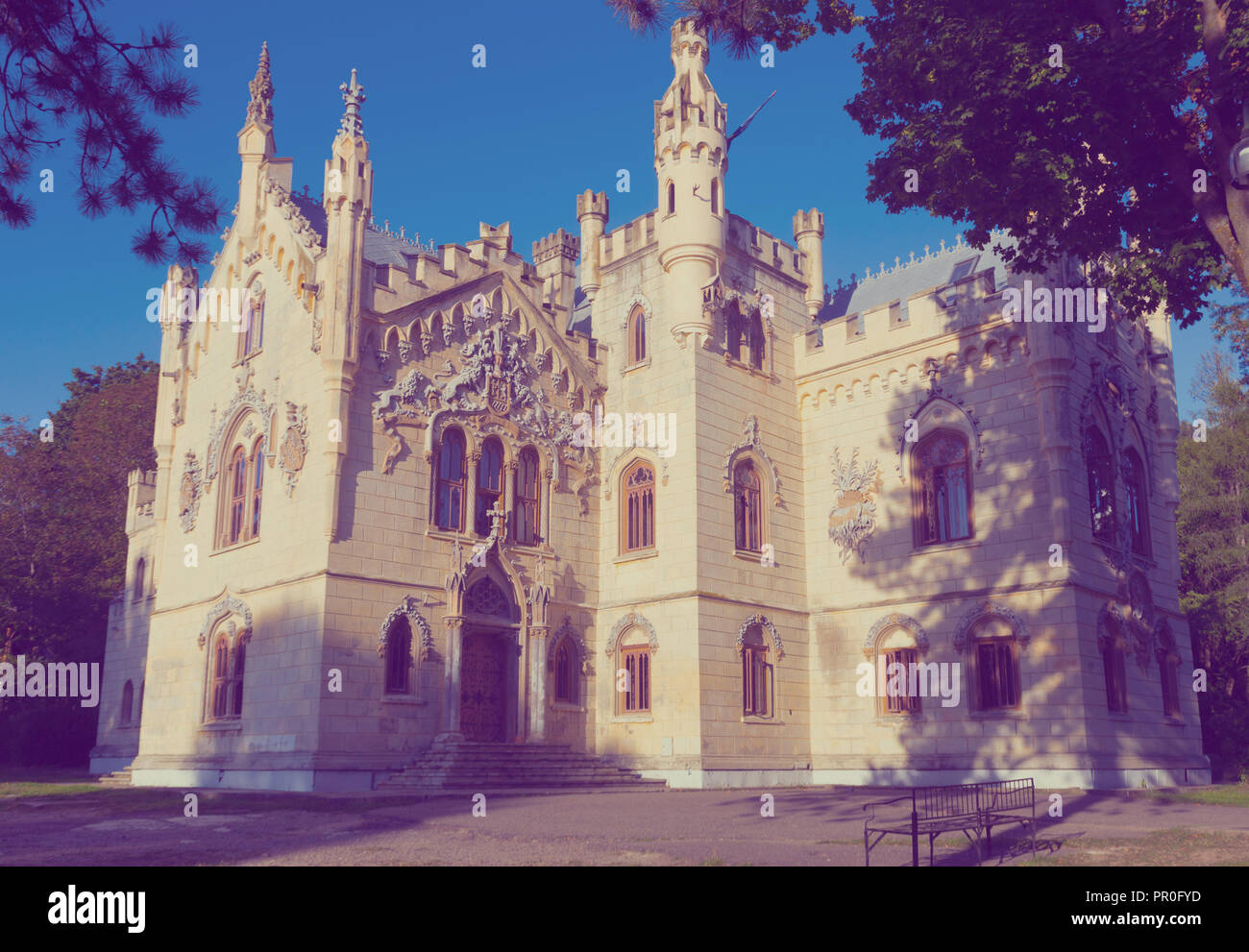 Landscape with neo-gothic Sturdza Castle in Miclauseni, Romania Stock ...