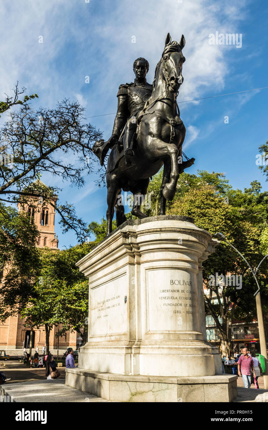 A statue of Simon Bolivar, in Parque Bolivar, Medellin, Colombia, South ...