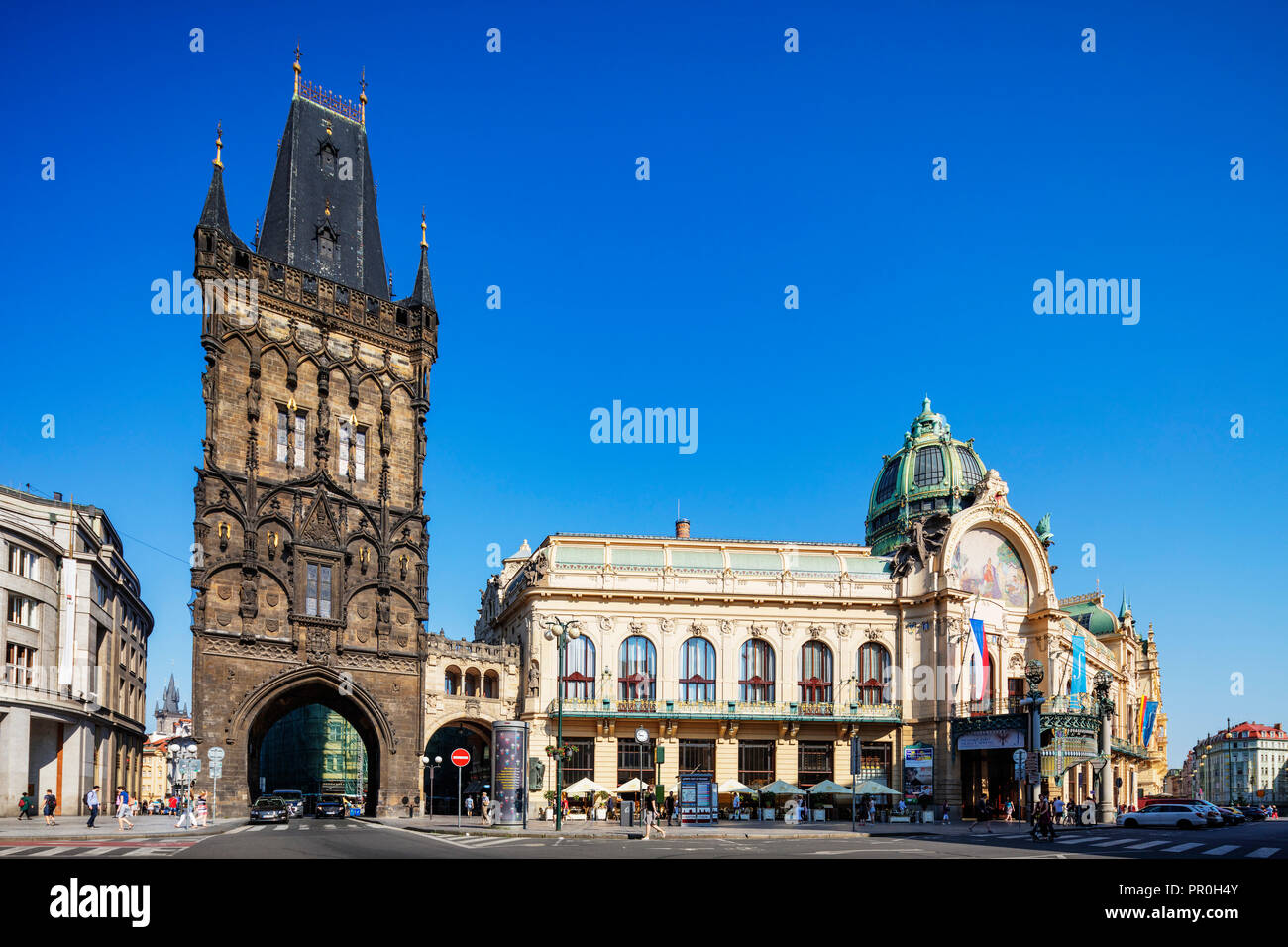 Powder Tower and Theatre, Prague, UNESCO World Heritage Site, Bohemia, Czech Republic, Europe ...