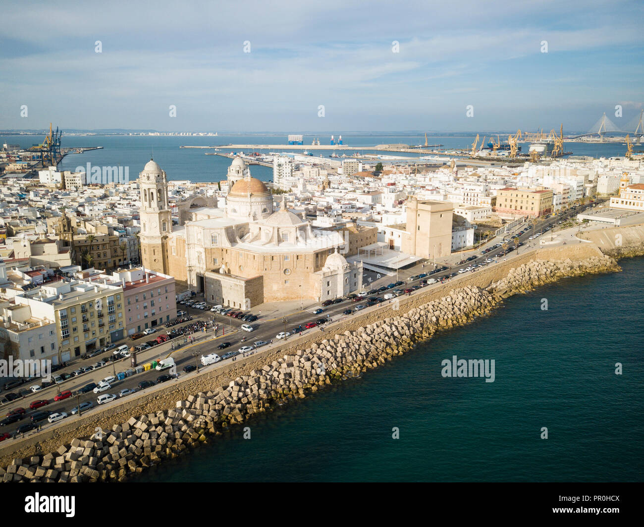 Aerial view of Cadiz Cathedral, by drone, Cadiz, Andalucia, Spain ...