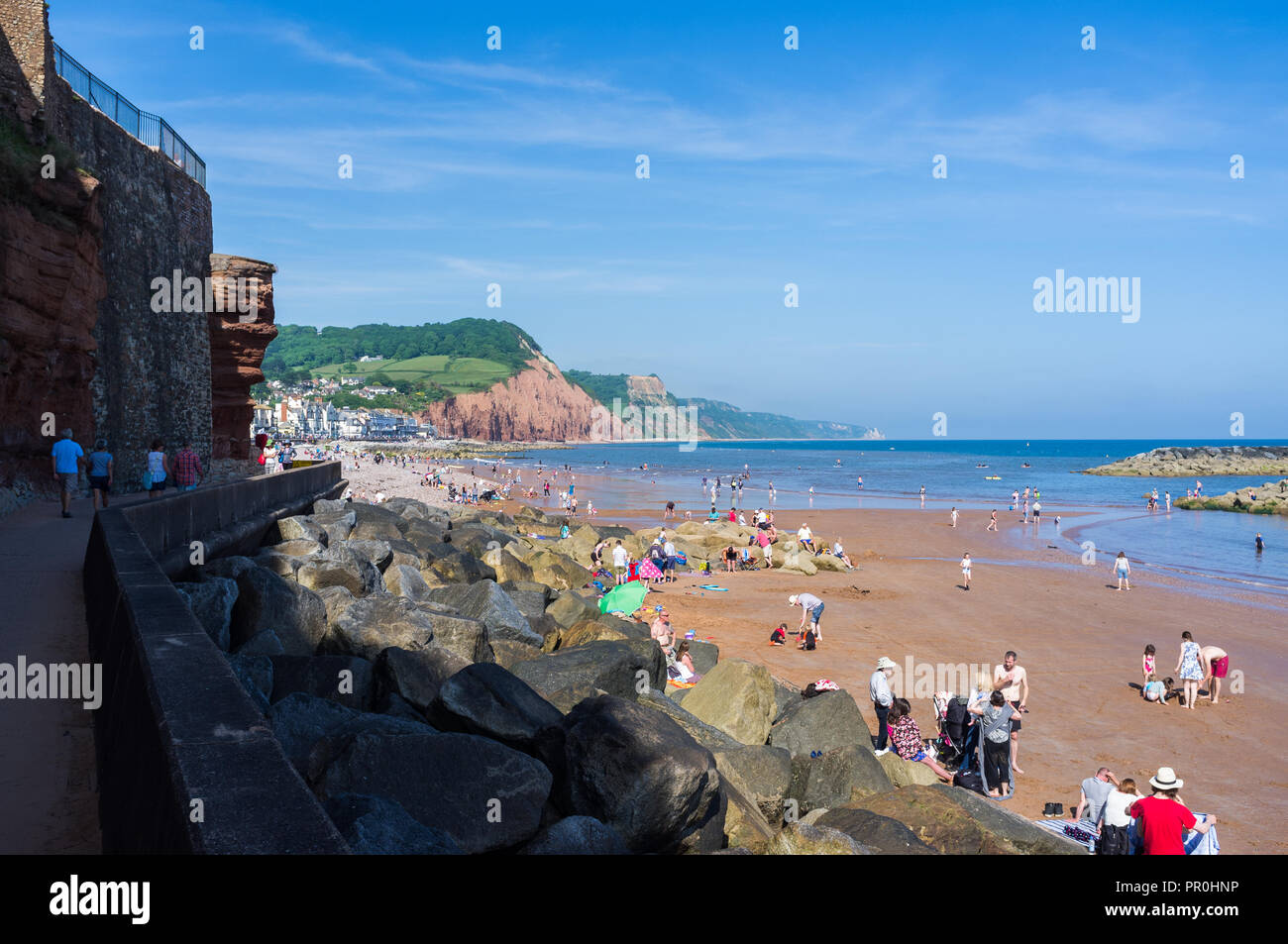 Sidmouth, Devon. A summer beach scene with blue skies and many local ...
