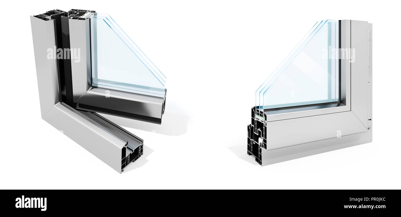 3d detailed window frame profile section, on white background Stock ...