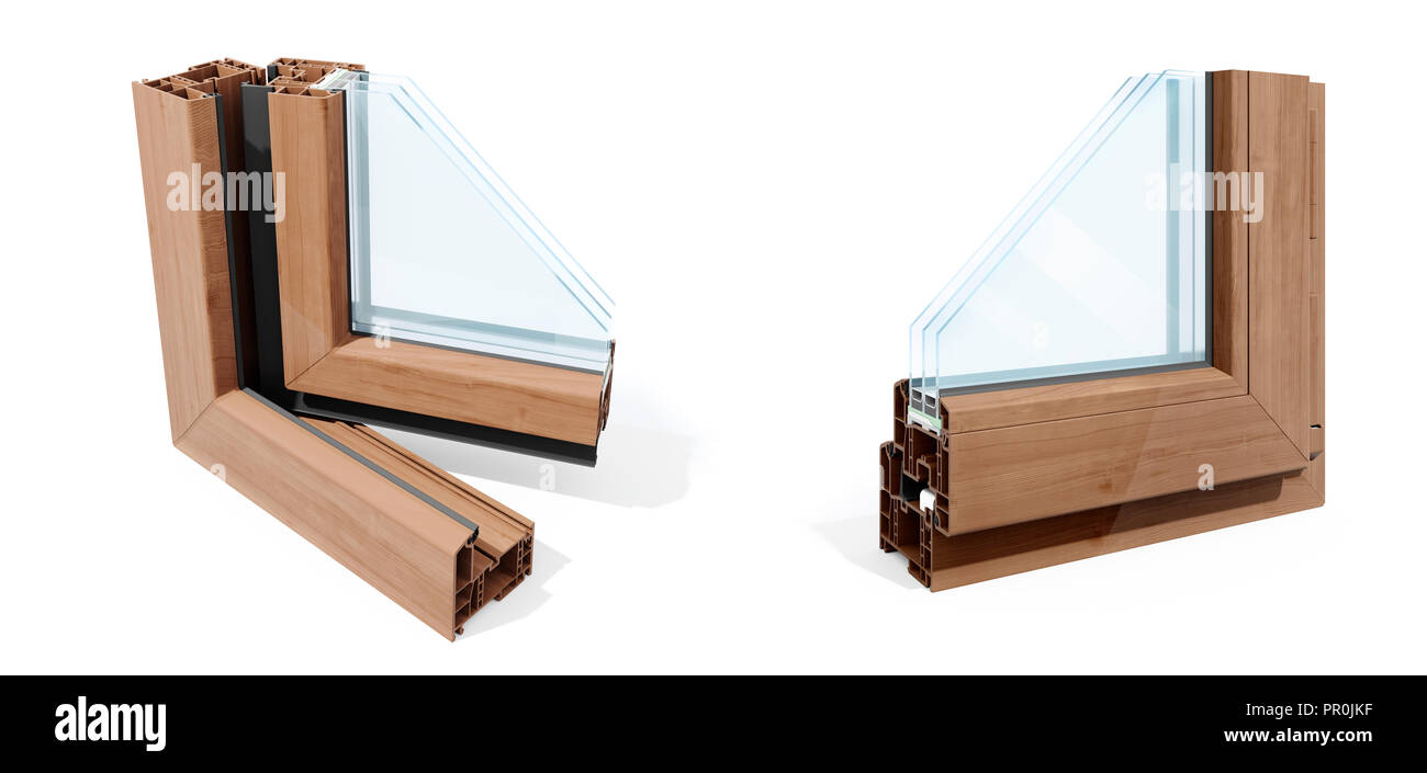 3d detailed window frame profile section, on white background Stock ...