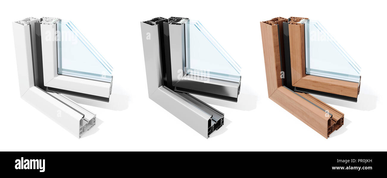 3d detailed window frame profile section, on white background Stock ...