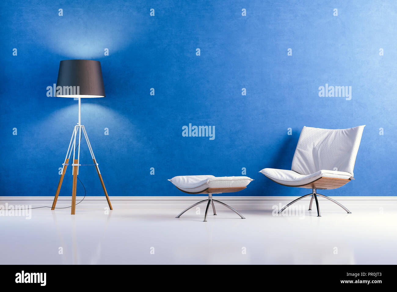3d modern interior design with blue wall Stock Photo - Alamy