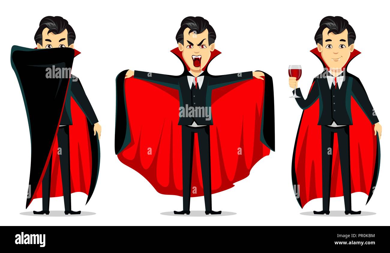 Happy Halloween. Vampire cartoon character wearing black and red cape ...