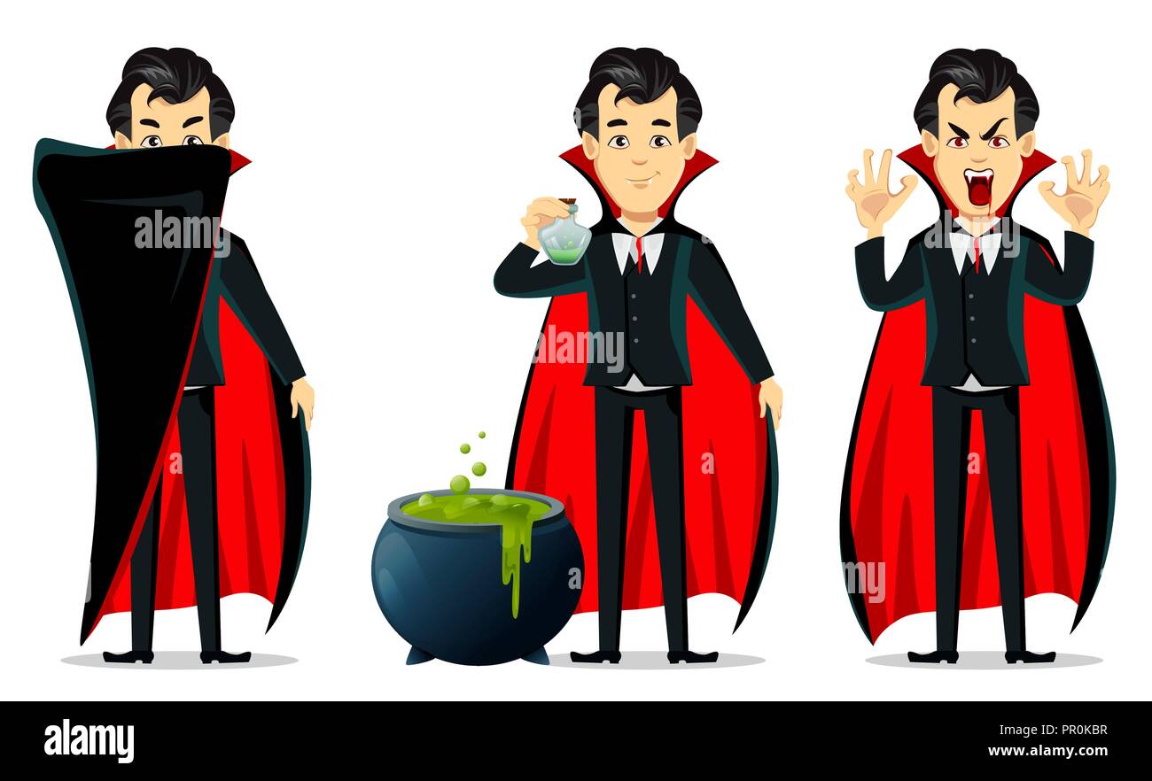 Happy Halloween. Vampire cartoon character wearing black and red cape ...