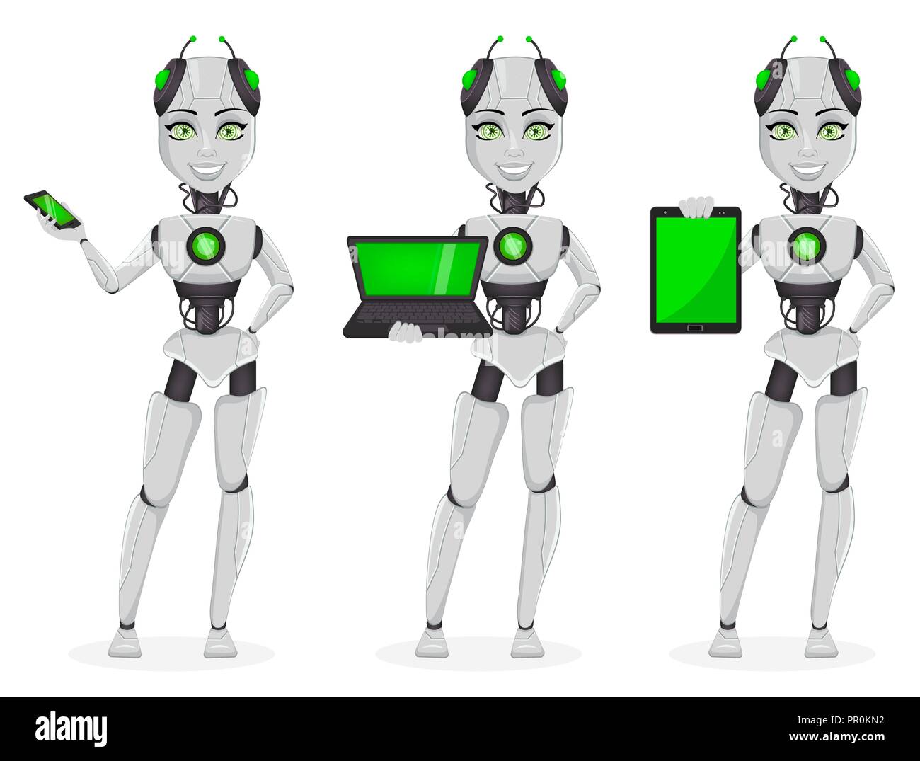 Robot with artificial intelligence, female bot, set of three poses ...