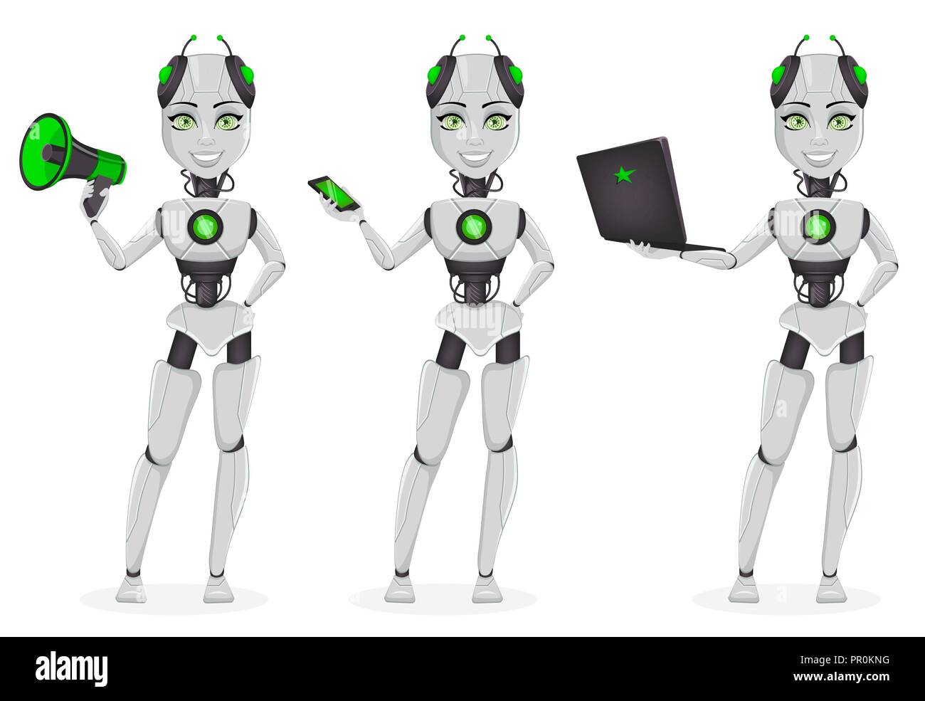 Robot with artificial intelligence, female bot, set of three poses. Cute cartoon character ...