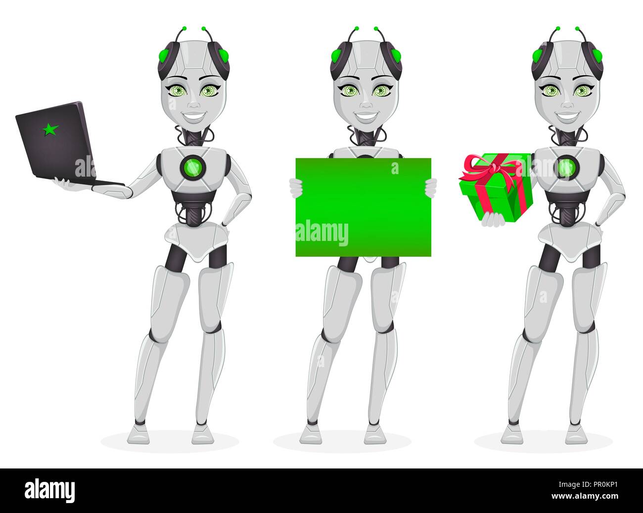 Robot with artificial intelligence, female bot, set of three poses ...
