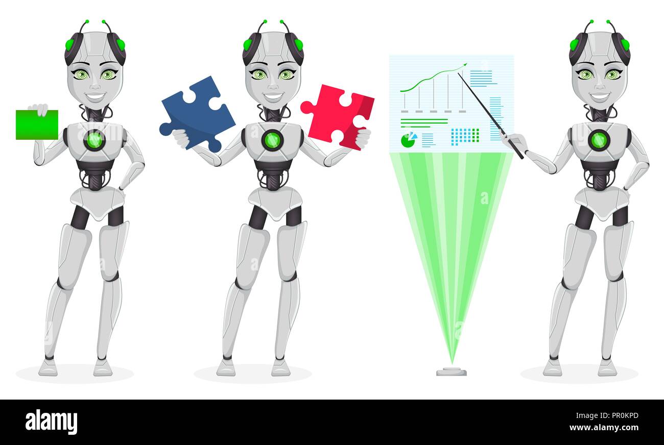 Robot with artificial intelligence, female bot, set of three poses ...