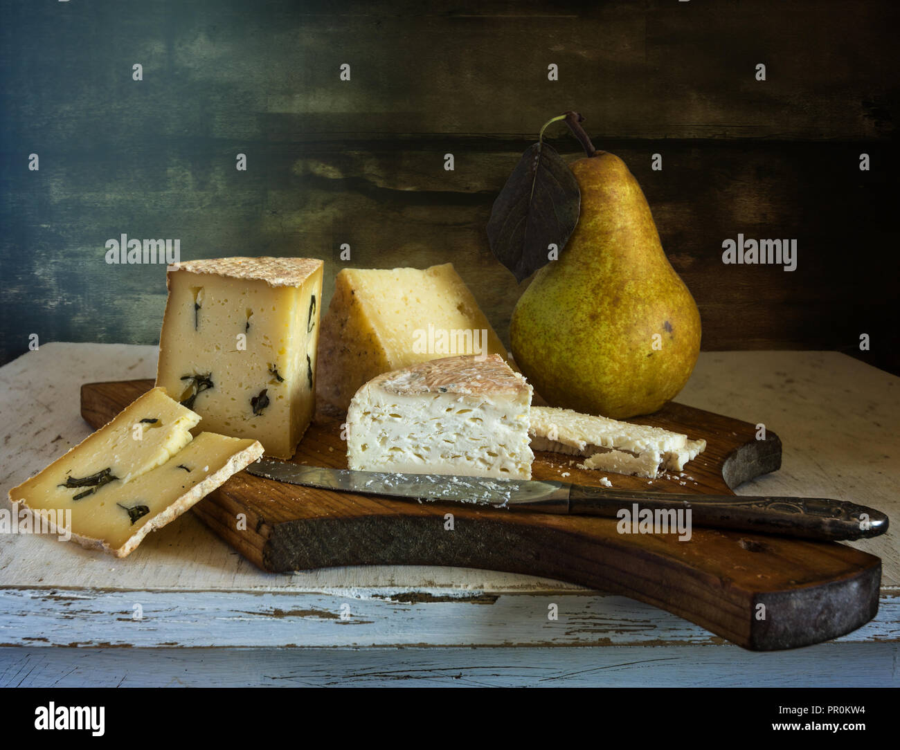 still life with cheese and pear. food. delicious. vintage. retro Stock ...
