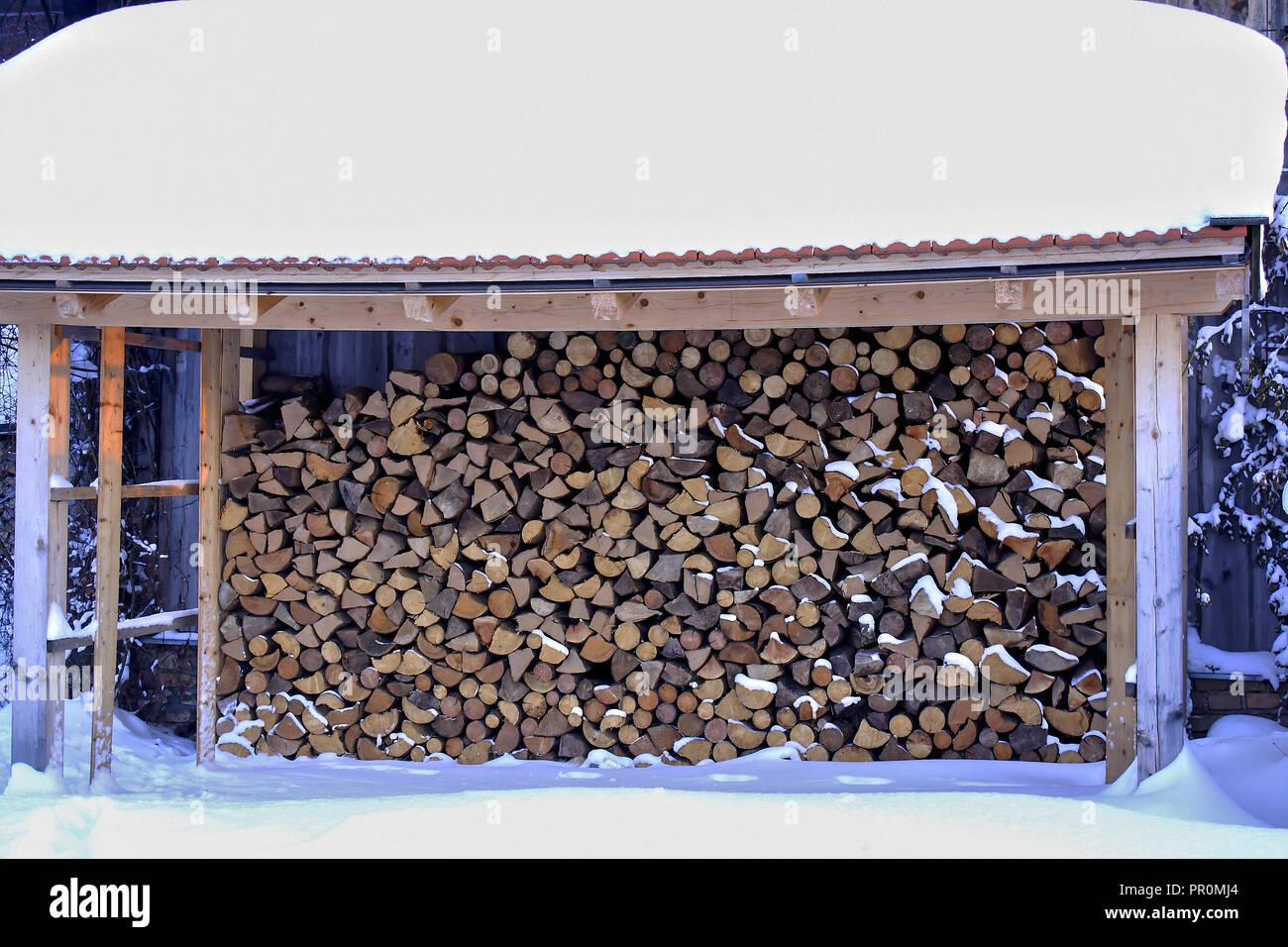 Winter, snow-covered stack of firewood under a snow-covered roof ...