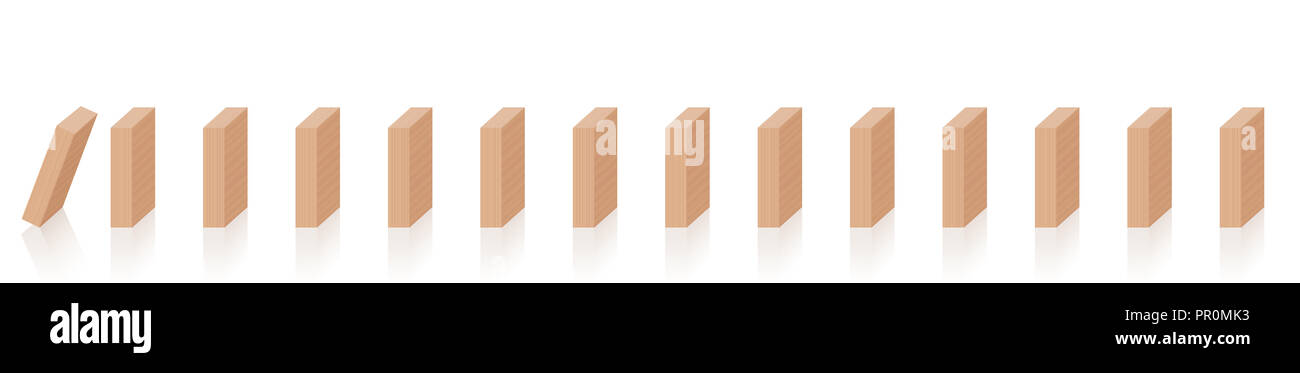 Domino chain reaction. Wooden pieces, the first one starts, the other ...