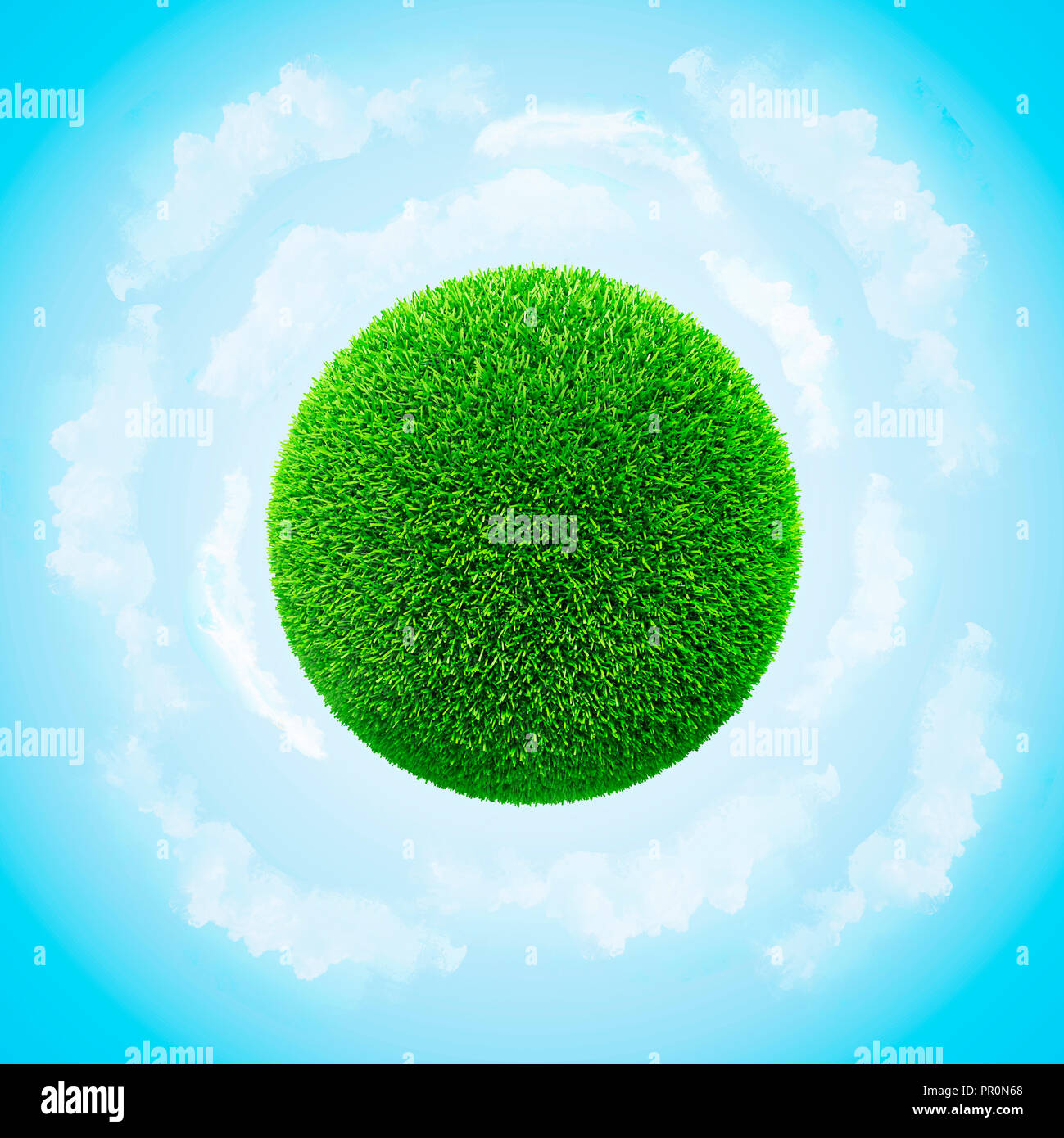 3d grass sphere and round blue sky background Stock Photo - Alamy