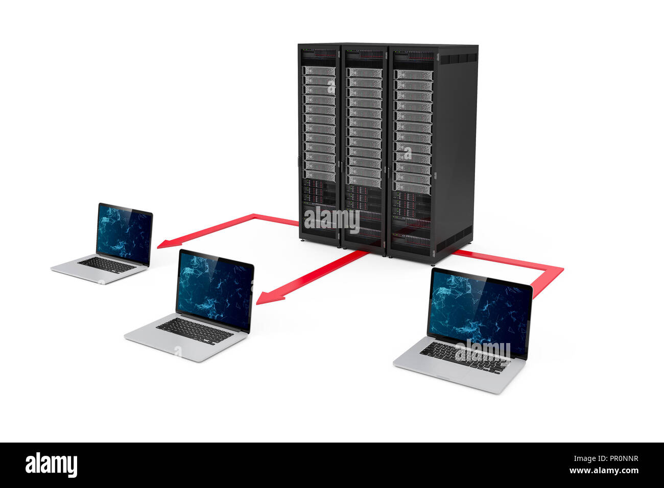 3d server data center and laptop network on white background Stock ...