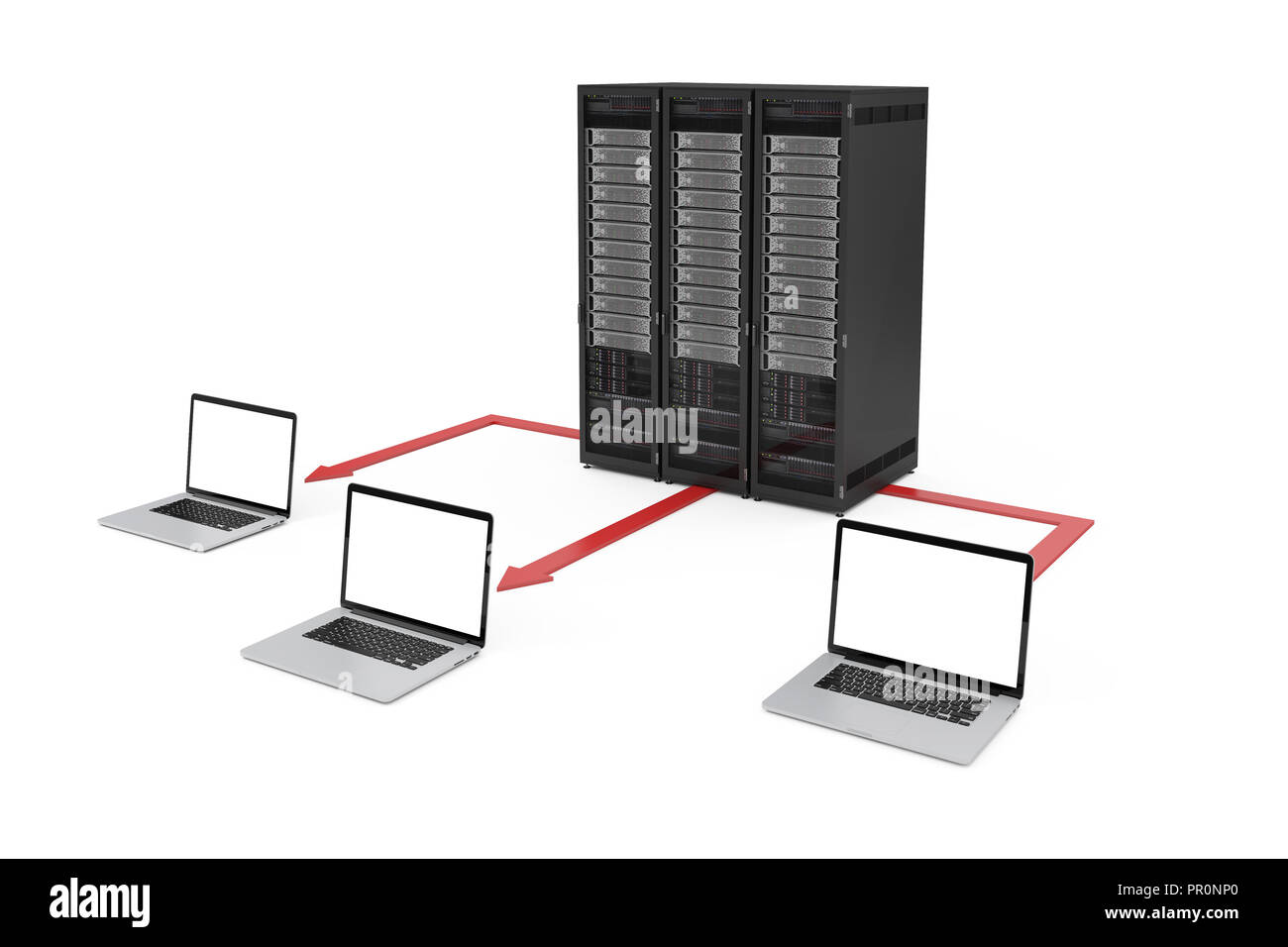 3d server data center and laptop network on white background Stock ...