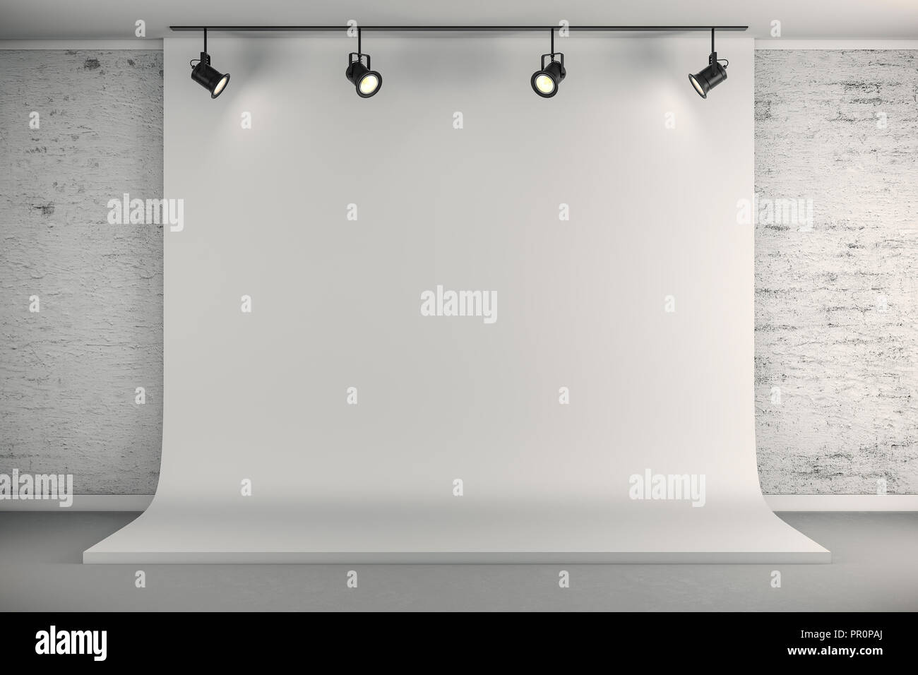 3d studio setup with white canvas background and ceiling lights Stock ...