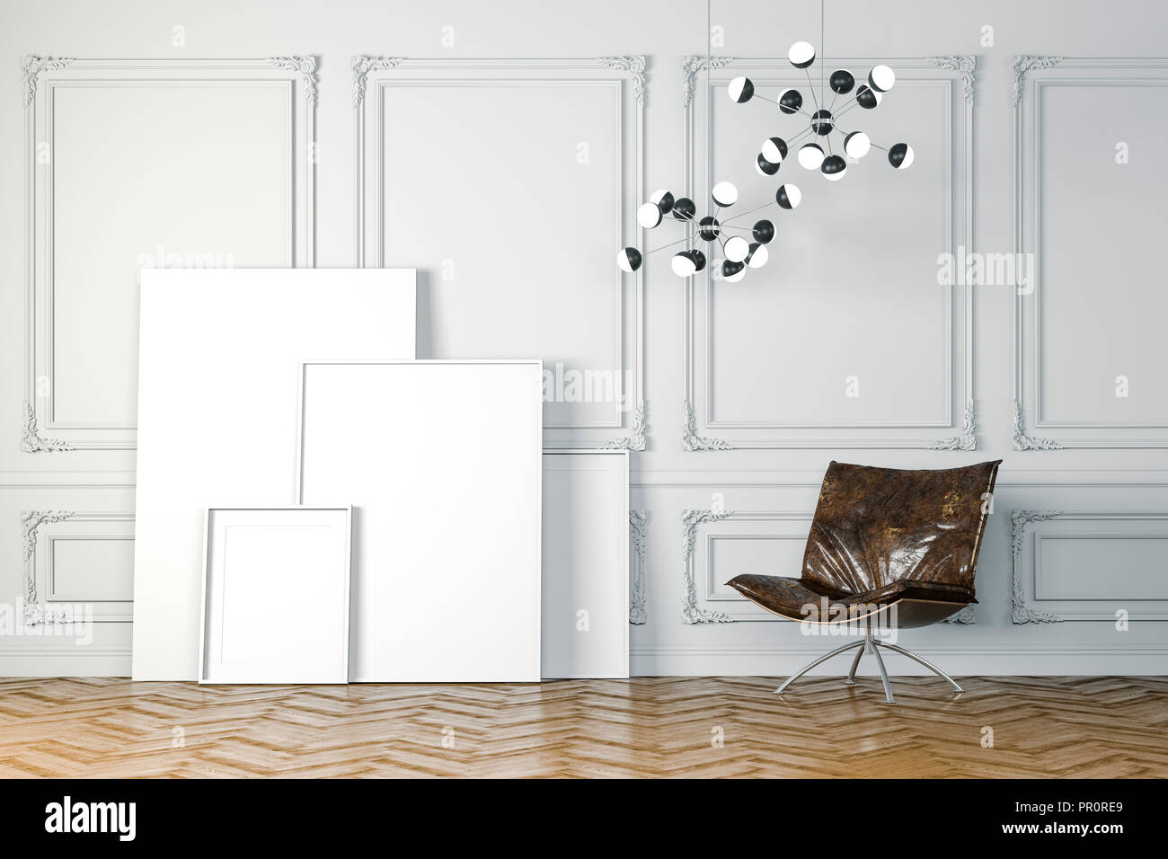 3d render of beautiful clean interior with white walls and blank frames ...