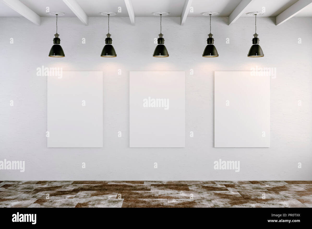 3d bright interior setup with ceiling lamp and blank frame canvas Stock ...
