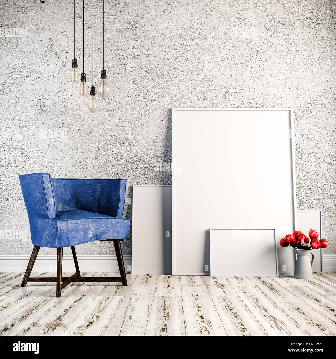 3d render of beautiful clean interior with blank frames and wooden ...