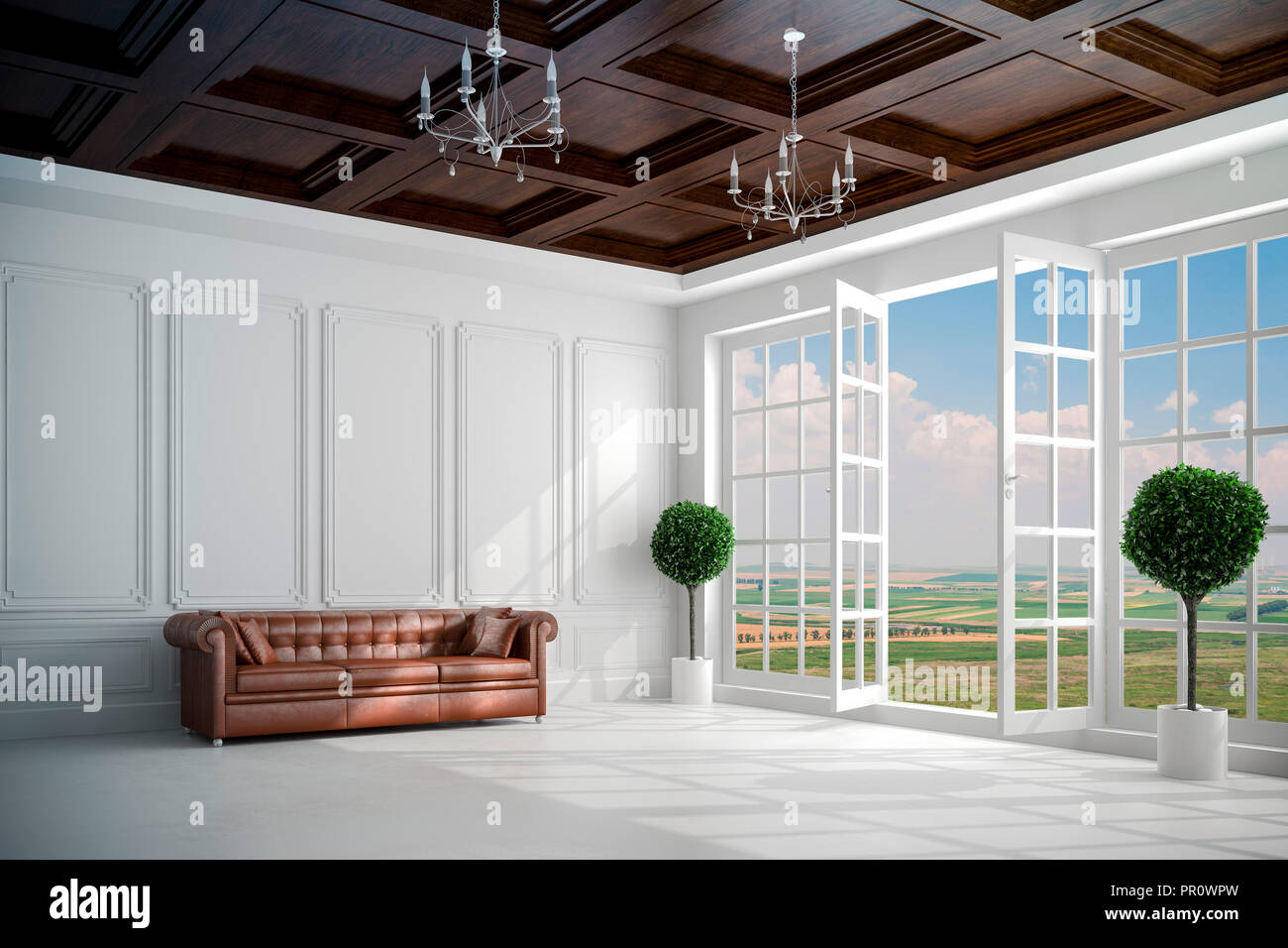 3d beautiful vintage white interior with big windows Stock Photo - Alamy