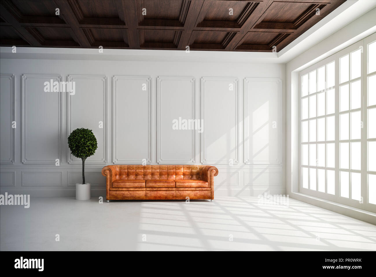 3d render of beautiful interior with white walls and wood ceiling setup ...