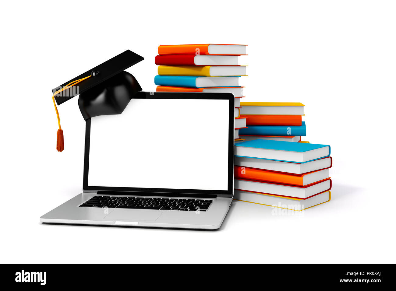 3d laptop and books on white background Stock Photo - Alamy