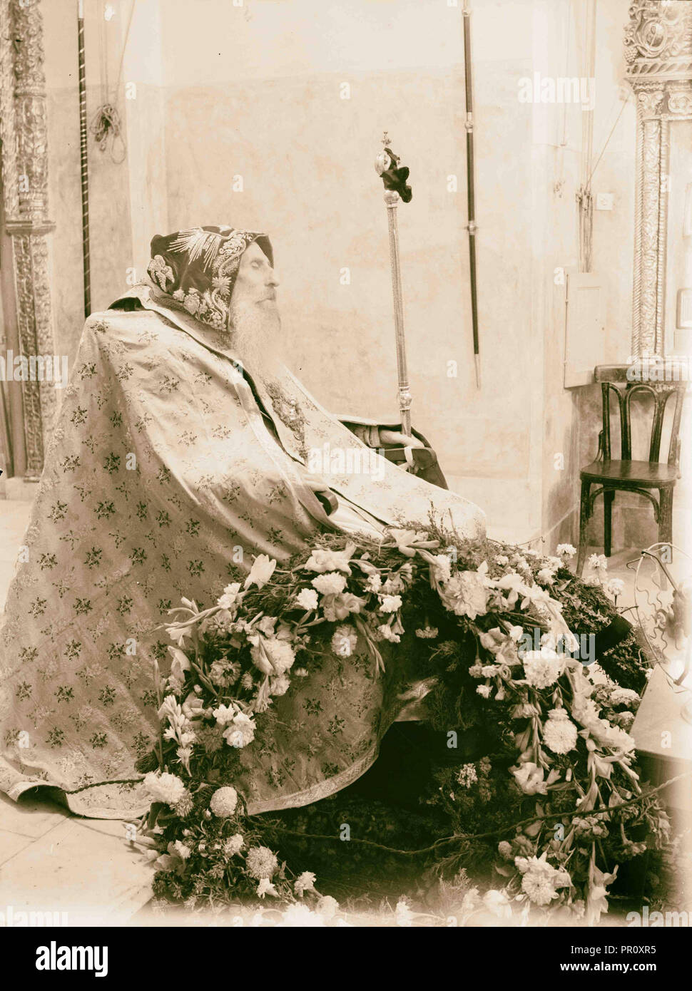 Syrian bishop's remains (funeral). Corpse seated in church. 1898 ...