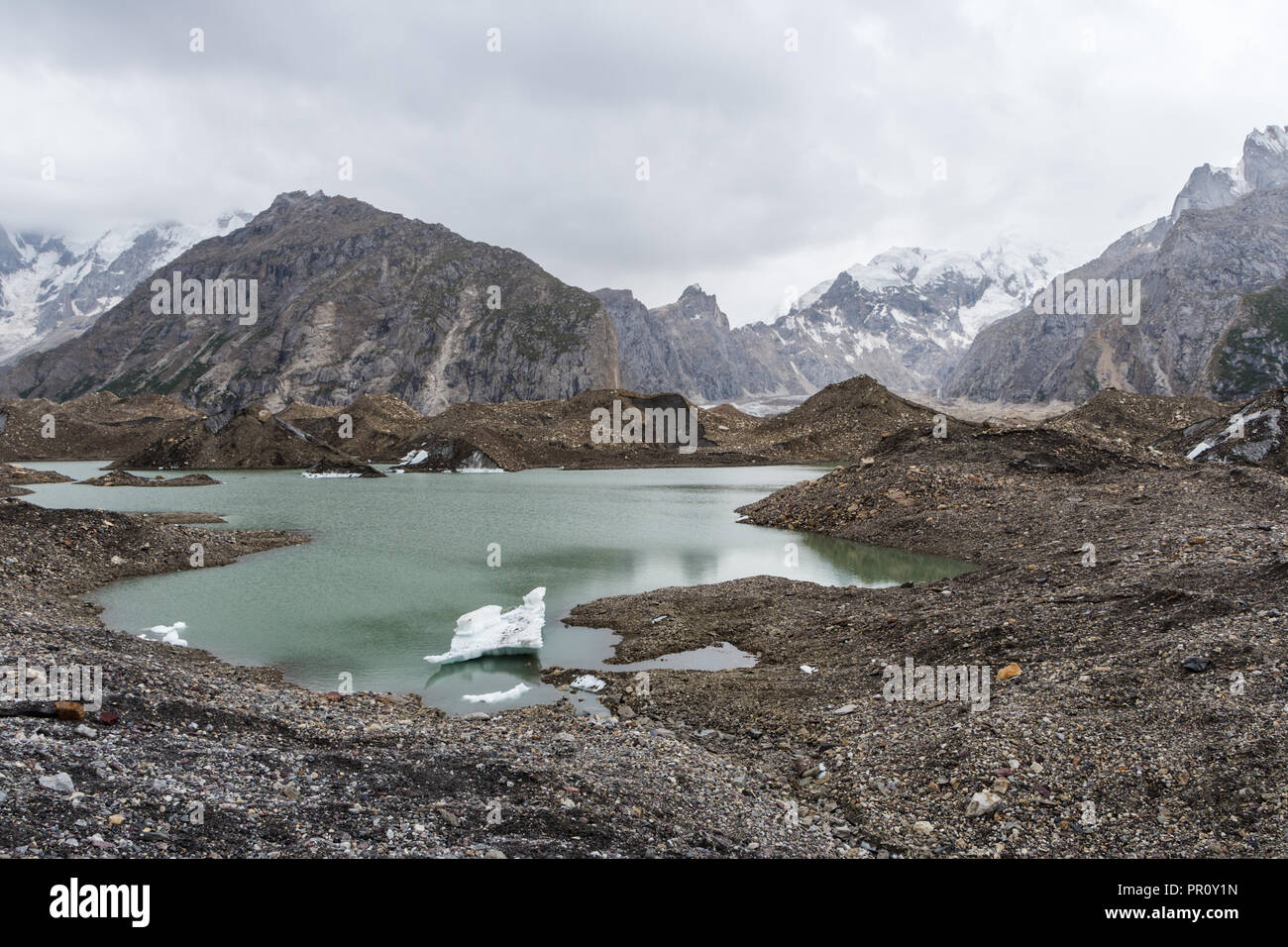 A small glacial lake on Baltoro glacier next to Urdukas peak and ...