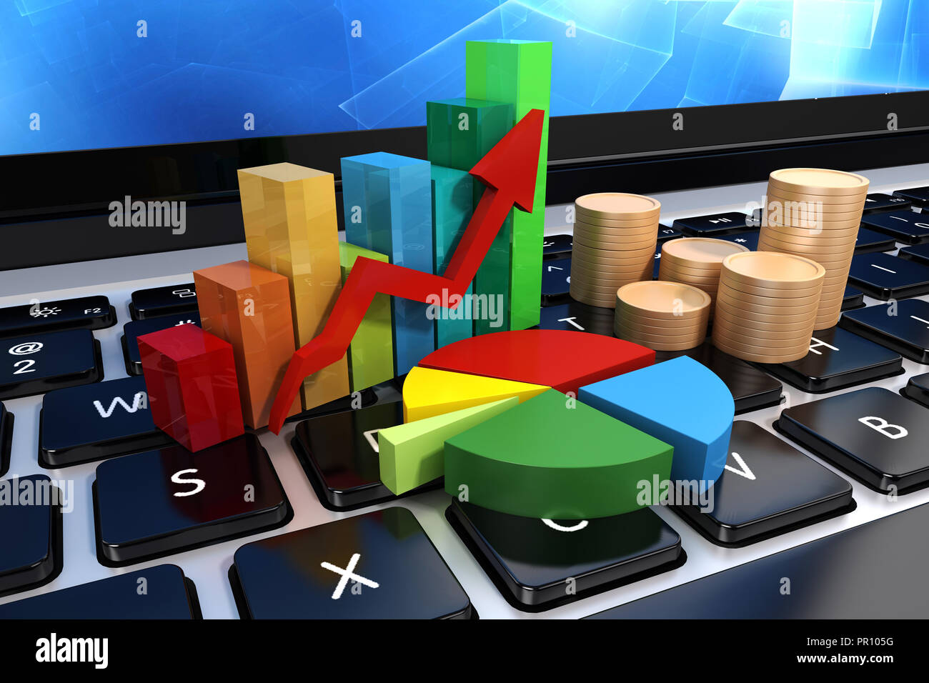 3d laptop close up and financial elements Stock Photo - Alamy