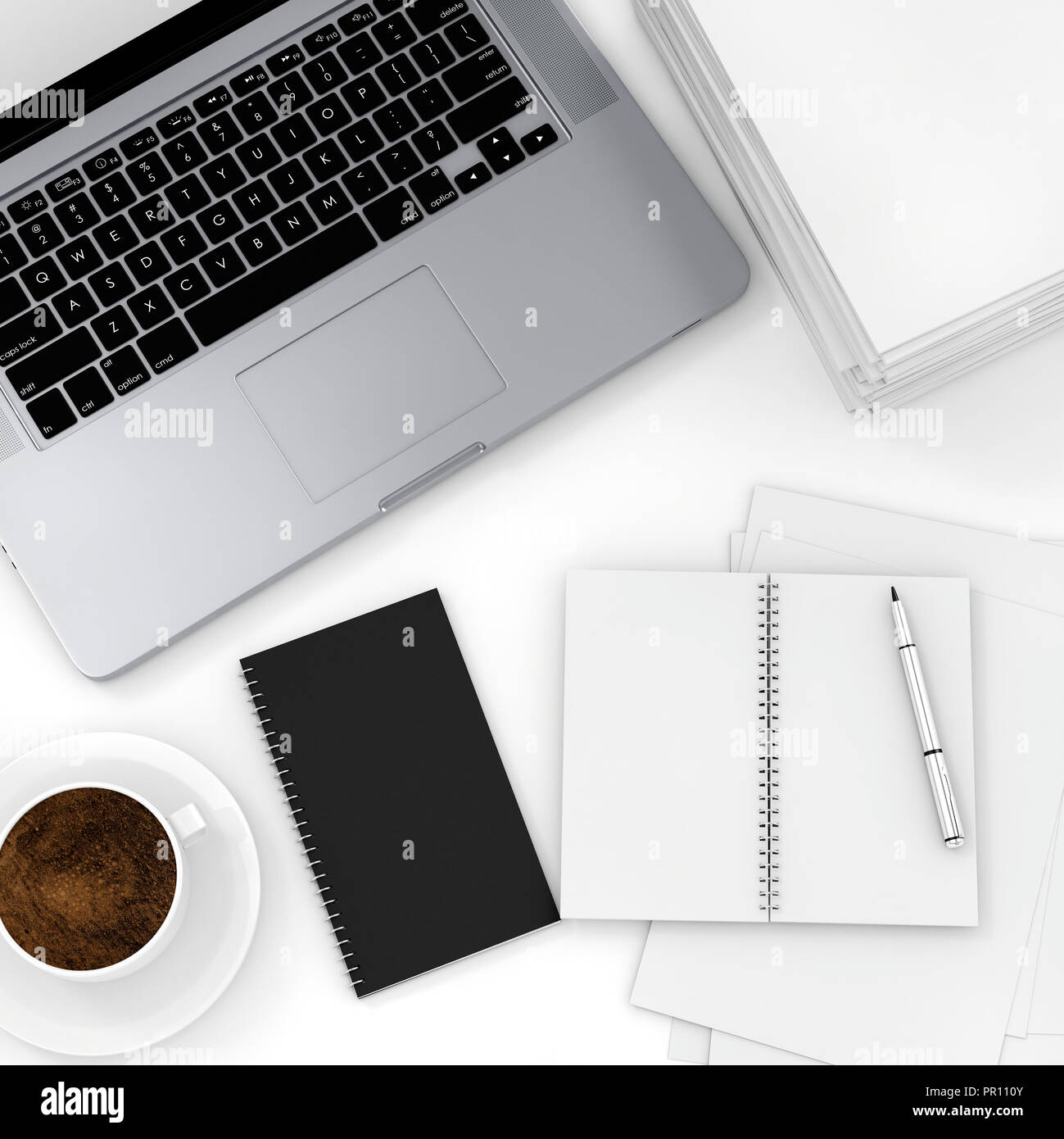 3d top view of an office desk with laptop and documents Stock Photo - Alamy