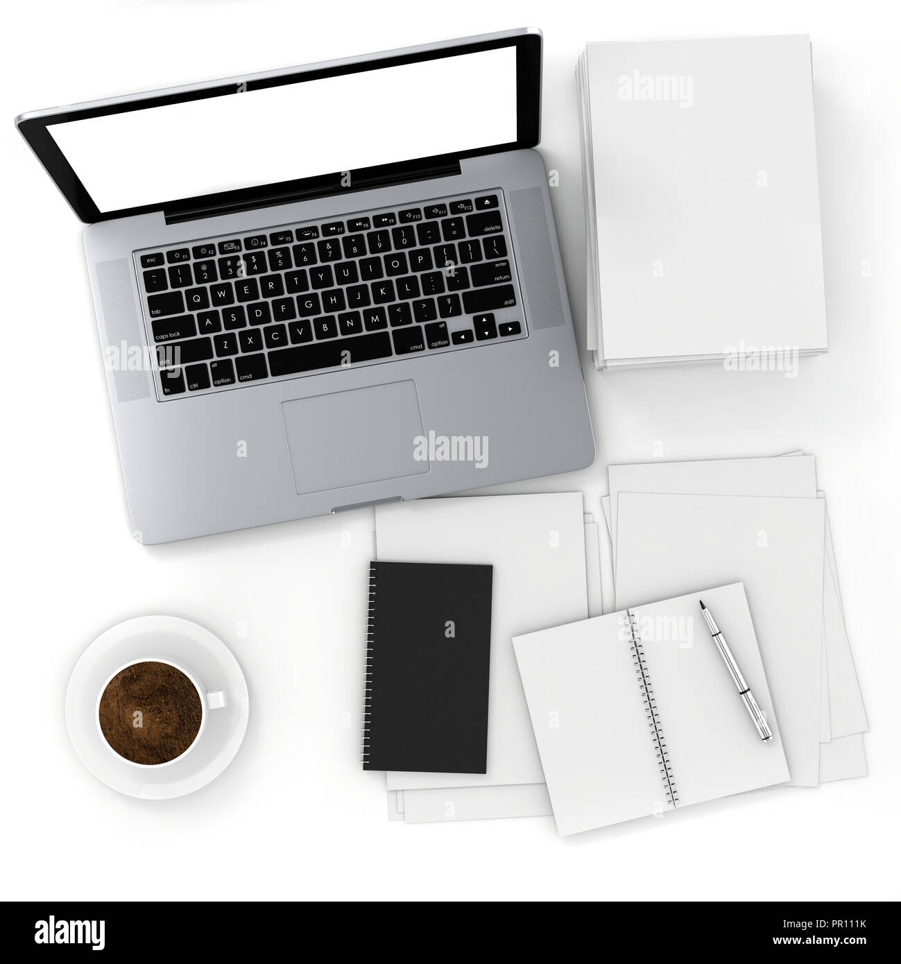 3d top view of an office desk with laptop and documents Stock Photo - Alamy