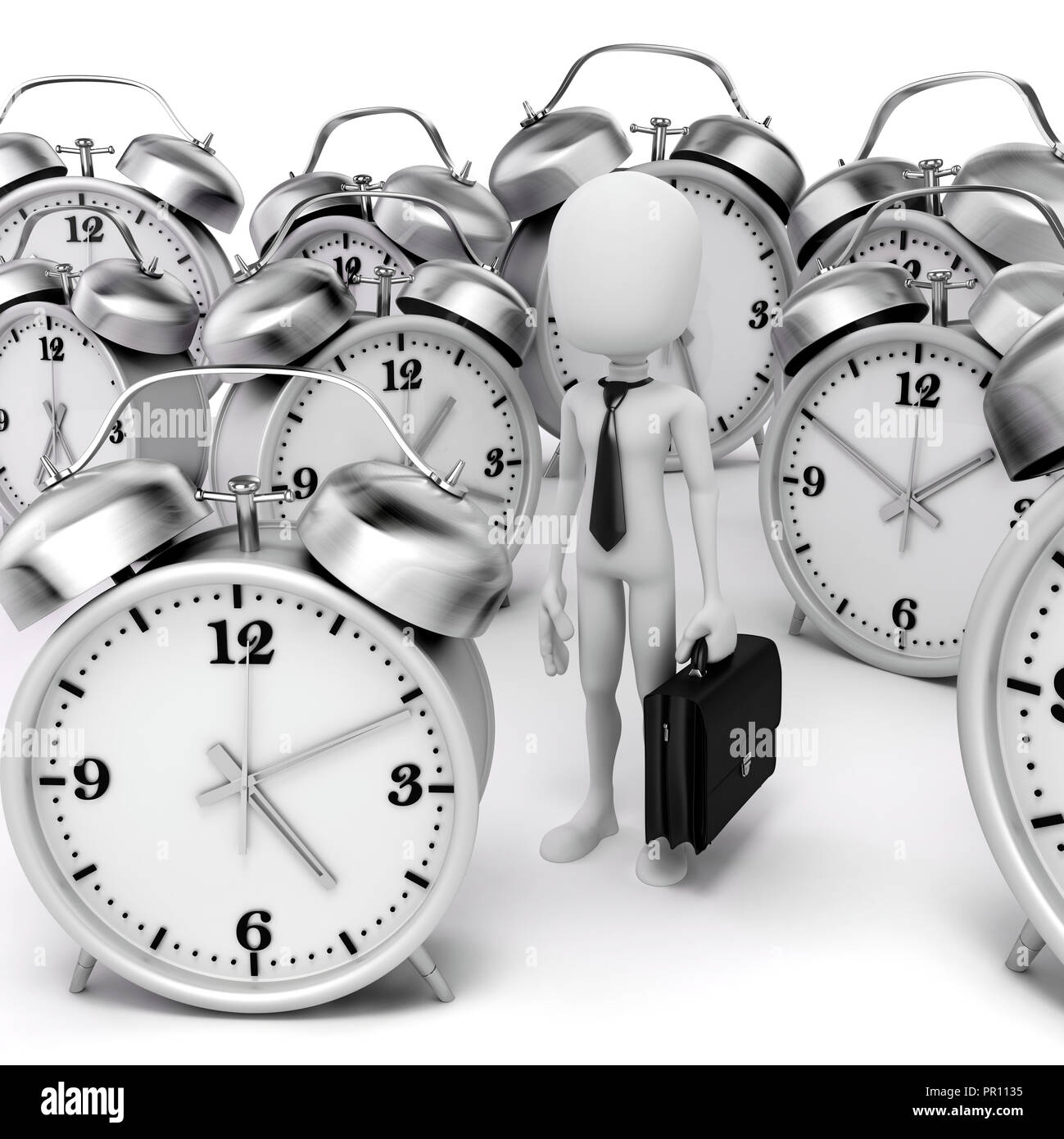 3d man and alarm clocks on white background Stock Photo - Alamy