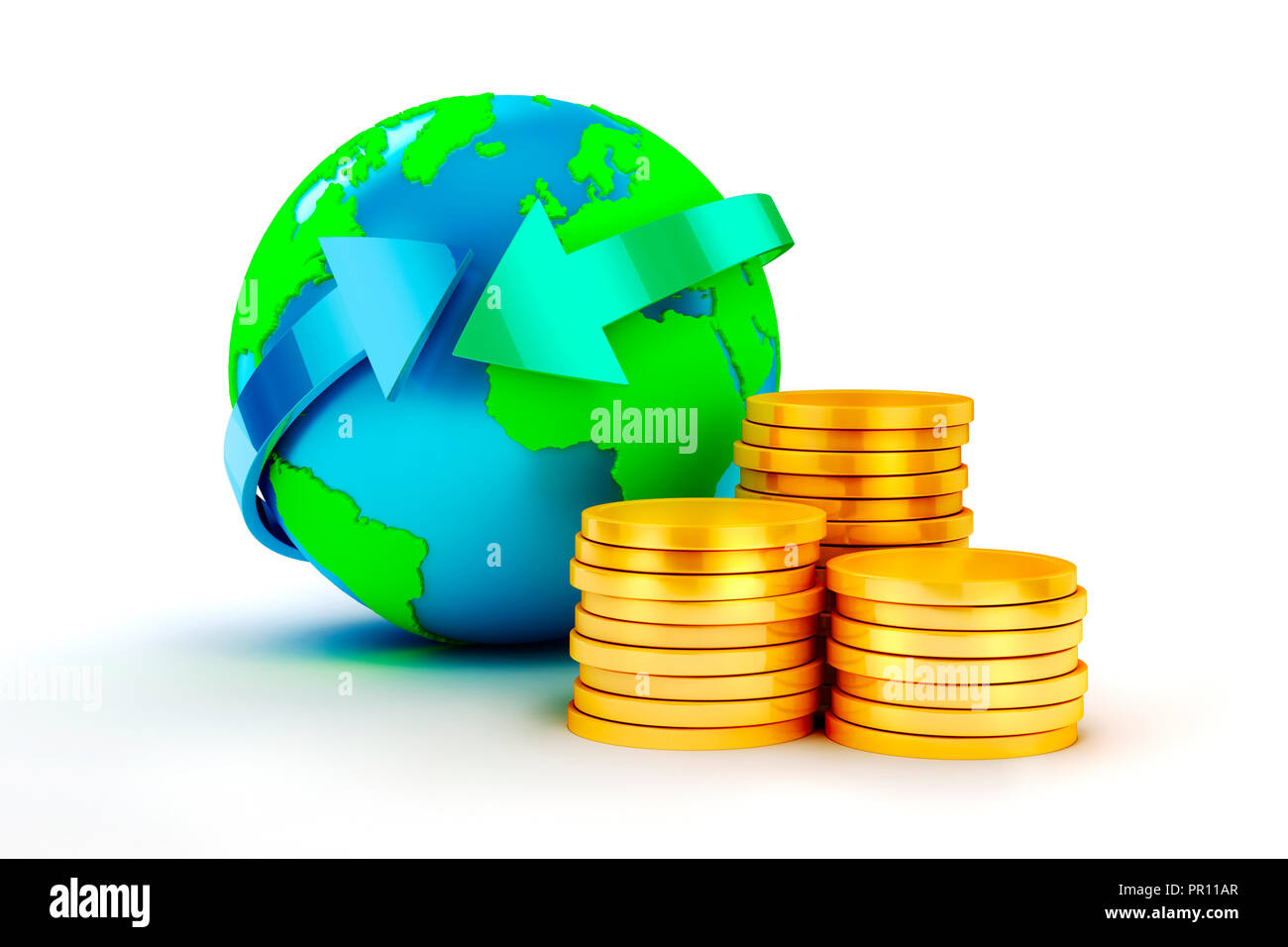 3d coins and earth planet on white bckground Stock Photo - Alamy