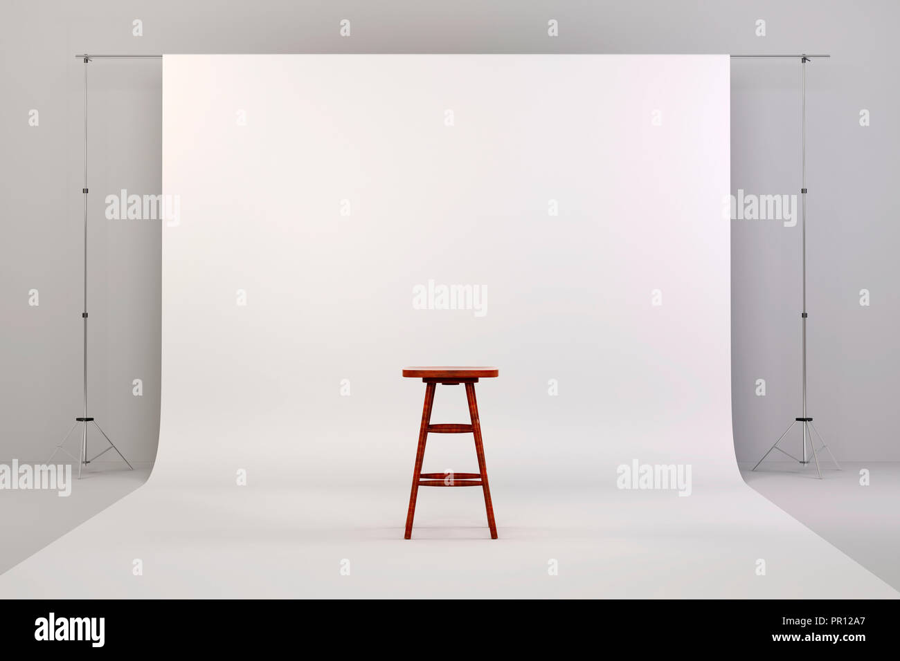 3d studio setup with wooden chair and white background Stock Photo - Alamy