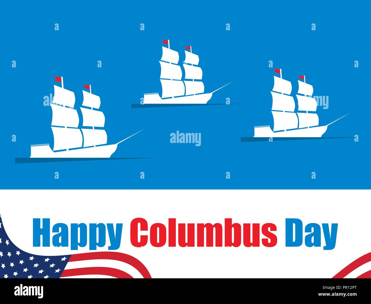 Happy Columbus Day, the discoverer of America, waves and ship, holiday ...