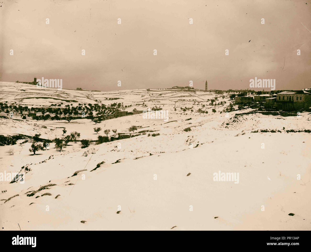 Jerusalem during a snowy winter. Mount of Olives robed in winter garb ...