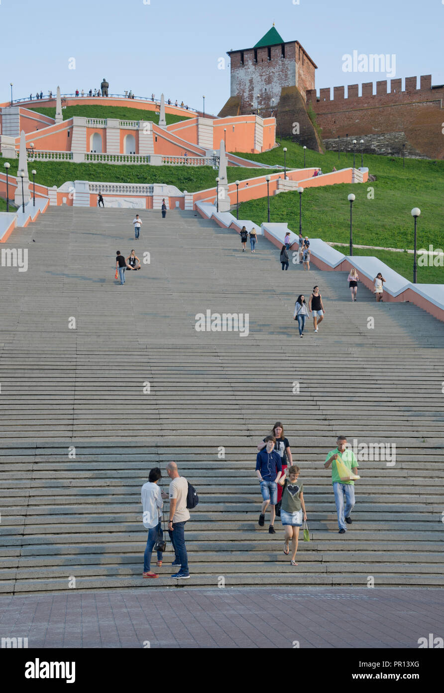 View of the Chkalov Stairs leading to the Kremlin in Nizhny Novgorod on the Volga river, Russia ...
