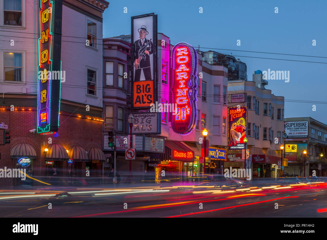 Club signs on buildings in North Beach district, San Francisco ...