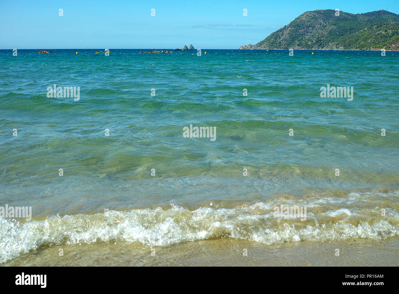 Sunny sandy beach vacation, landscape with clear blue sea shore and ...
